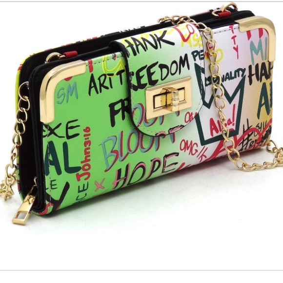 Bags | Nwt Multi Graffiti Turn Lock Zip Closure Crossbodywallet | Poshmark